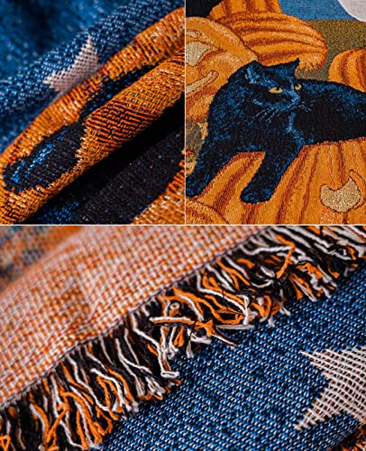 CUEERBOT Throw Blanket for Couch,Indie Room Decor Black Cat and Halloween Pumpkin Cotton Blanket (Orange, Large 63X87 Inches)