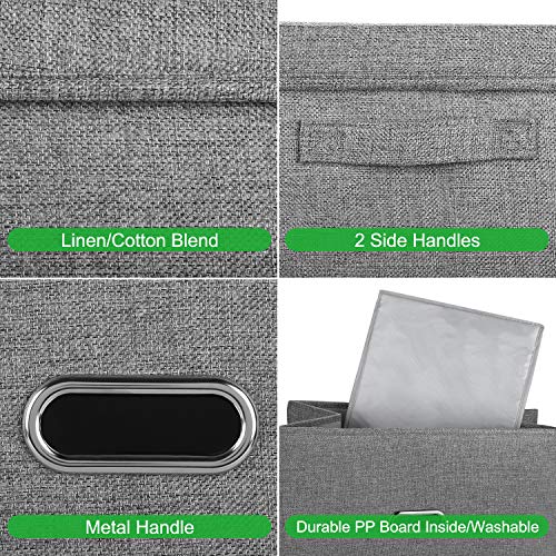 Valease 2-Pack Large Linen Foldable Storage Bins with Removable Lids and Handles, Washable Collapsible Storage Box Containers Baskets Cube with Cover for Bedroom,Closet,Office,Living Room,Nursery (Grey, Large)