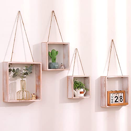 Square Farmhouse Easter Washedwhite Floating Shelves,Wall Mounted Cube Display Shelf Shadow Boxes,Large Wooden Wall Organizer Hanging Shelf,Home Boho Wall Decorations for Living Room Bedroom,Set of 4