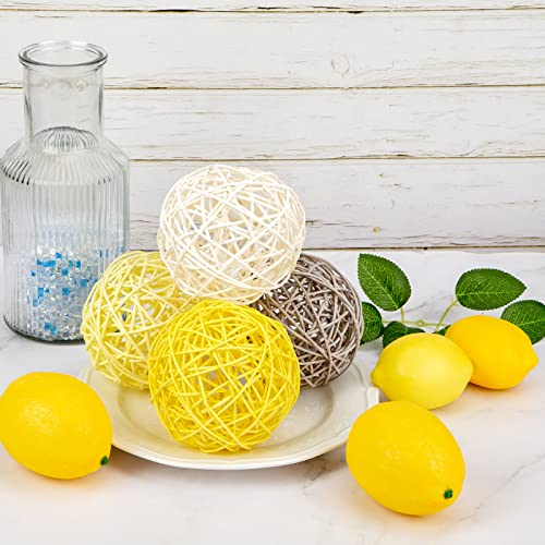 DomeStar Extra Large Rattan Balls, 4 Inches Wicker Balls Decorative Balls Natural Decorative Wicker Rattan Balls Orbs Vase Fillers Yellow, White, Grey and Lemon