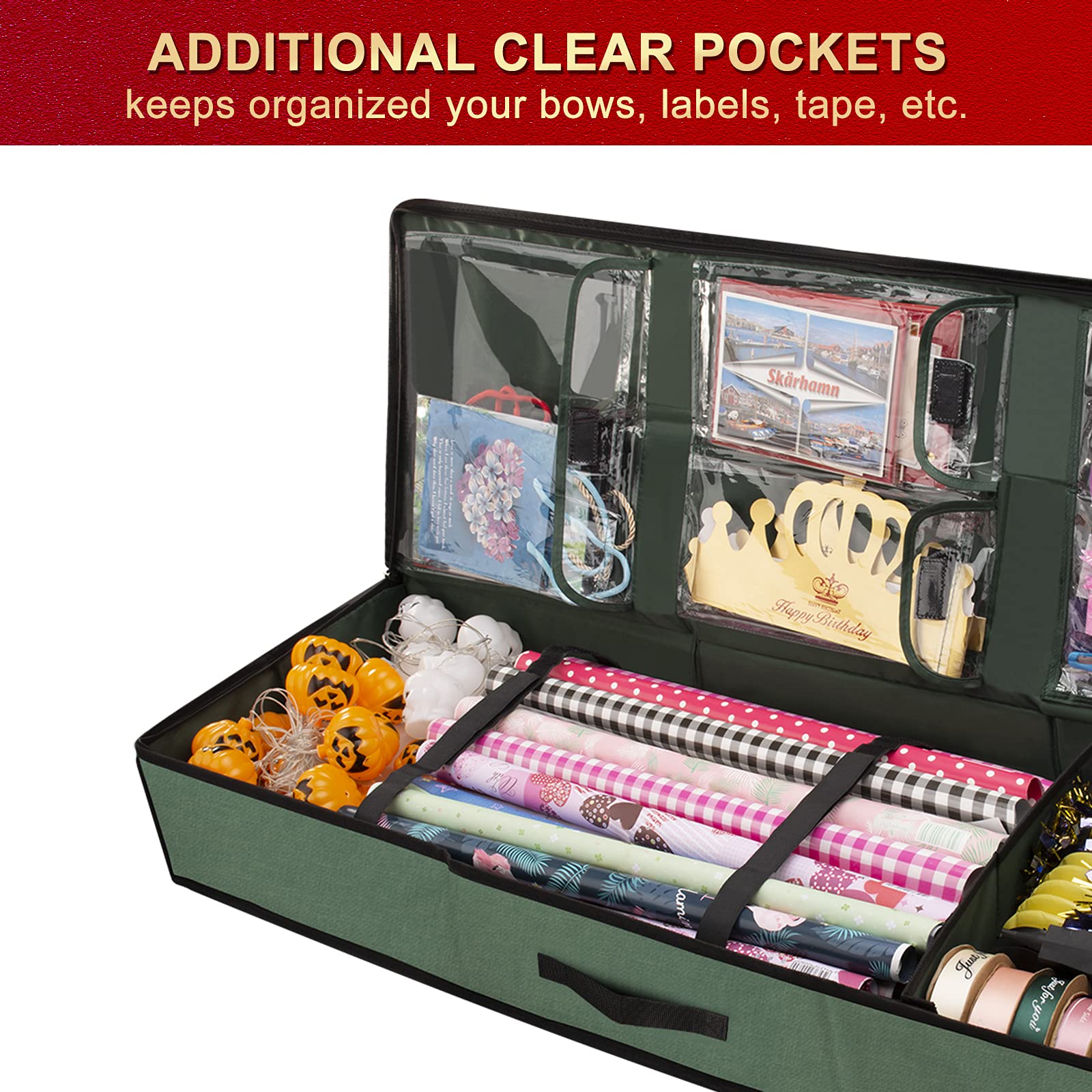 CGBE Wrapping Paper Storage for 40 Inch Gift Wrap Storage Container Bag with Pockets Underbed Gift Wrap Organizer Bags, Wrapping Paper Rolls, Ribbon, and Bows 42W x 14D x 5H -Green (Not Include Gift-Only Bag)