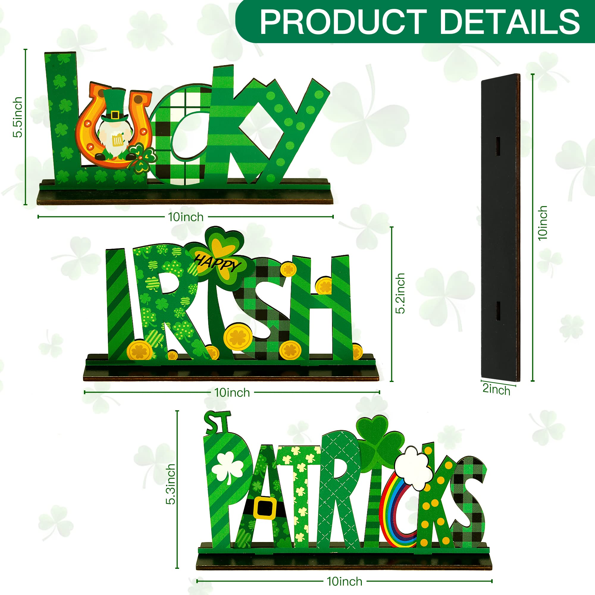 Sggvecsy 3 Pcs St Patricks Day Decorations Lucky Irish Wooden Table Sign Tabletop Centerpiece Signs with Gnome Coins Shamrock Rainbow Buffalo Plaid Table Ornaments for Home Desk Window Indoor Decor