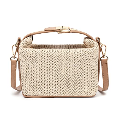 FAIME Straw Crossbody Bags for Women, Small Round Straw Beach Bag, Straw Shoulder Bag Summer Satchel Purse Straw Handbags (Beige)