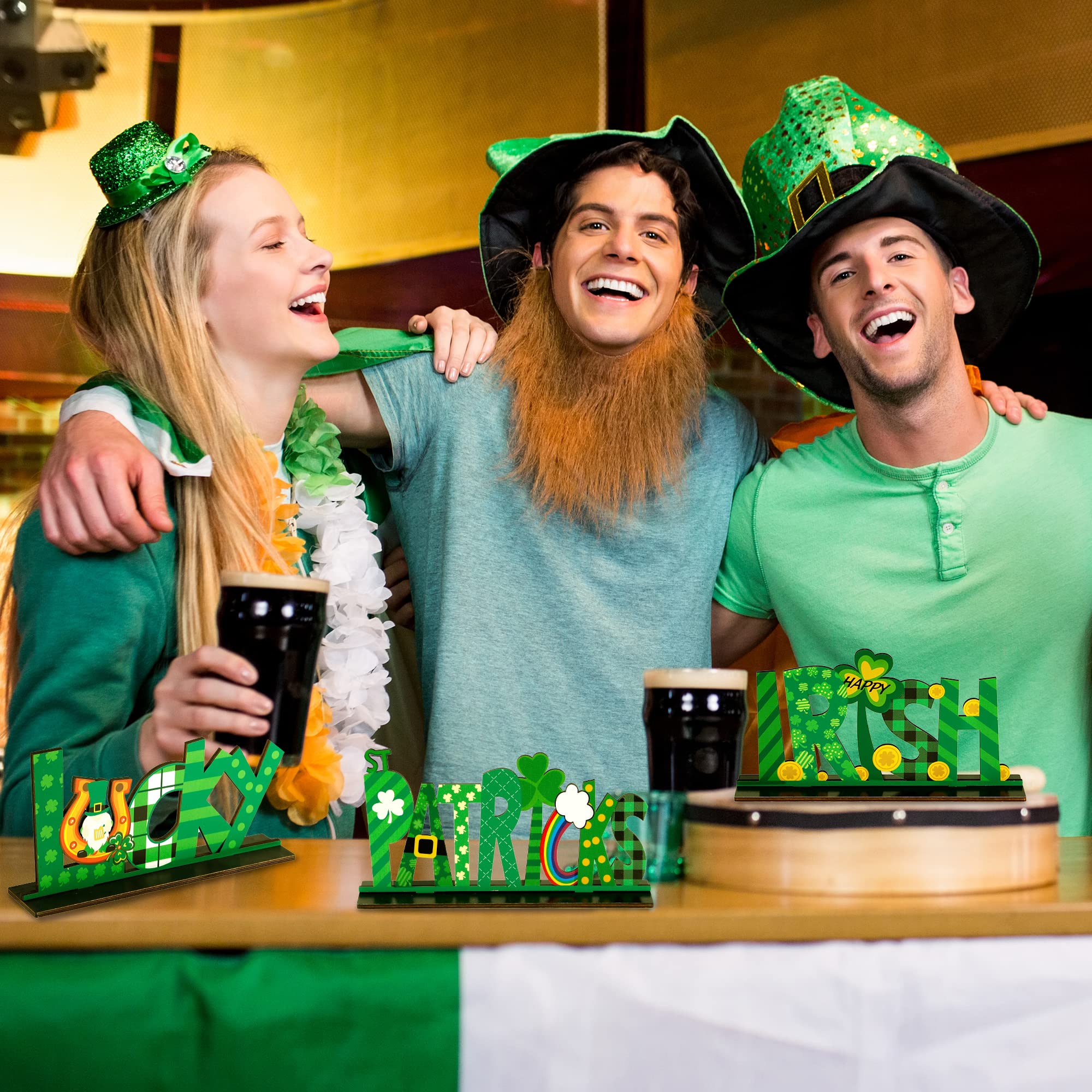 Sggvecsy 3 Pcs St Patricks Day Decorations Lucky Irish Wooden Table Sign Tabletop Centerpiece Signs with Gnome Coins Shamrock Rainbow Buffalo Plaid Table Ornaments for Home Desk Window Indoor Decor
