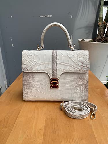 Vietnamese Genune Himalayan crocodile alligator leather skin totes bag, handbag, top handle bag for women, luxury formal event ladies purse, White Accent Gray