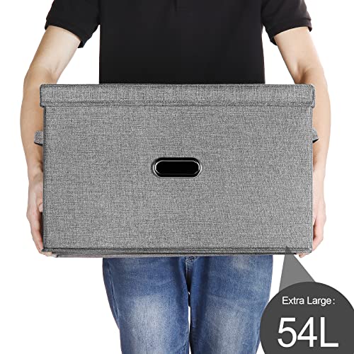 Valease 2-Pack Large Linen Foldable Storage Bins with Removable Lids and Handles, Washable Collapsible Storage Box Containers Baskets Cube with Cover for Bedroom,Closet,Office,Living Room,Nursery (Grey, Extra Large)