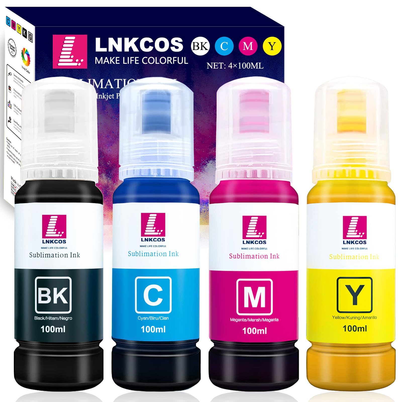 LNKCOS 400ML Sublimation Ink for Epson for EcoTank ET-2400 ET-2720 ET-2800 ET-2803 ET-2760 ET-2820 ET-2840 ET-2850 ET-3760 ET-4700 ET-4760 ET-15000 F170 (Autofill/ICC Free)