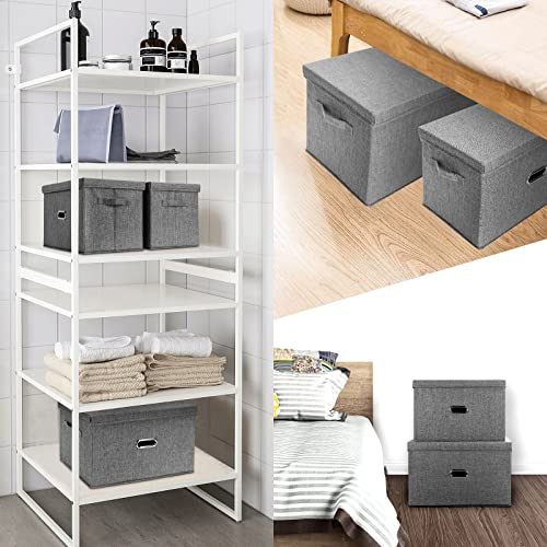 Valease 2-Pack Large Linen Foldable Storage Bins with Removable Lids and Handles, Washable Collapsible Storage Box Containers Baskets Cube with Cover for Bedroom,Closet,Office,Living Room,Nursery (Grey, Extra Large)