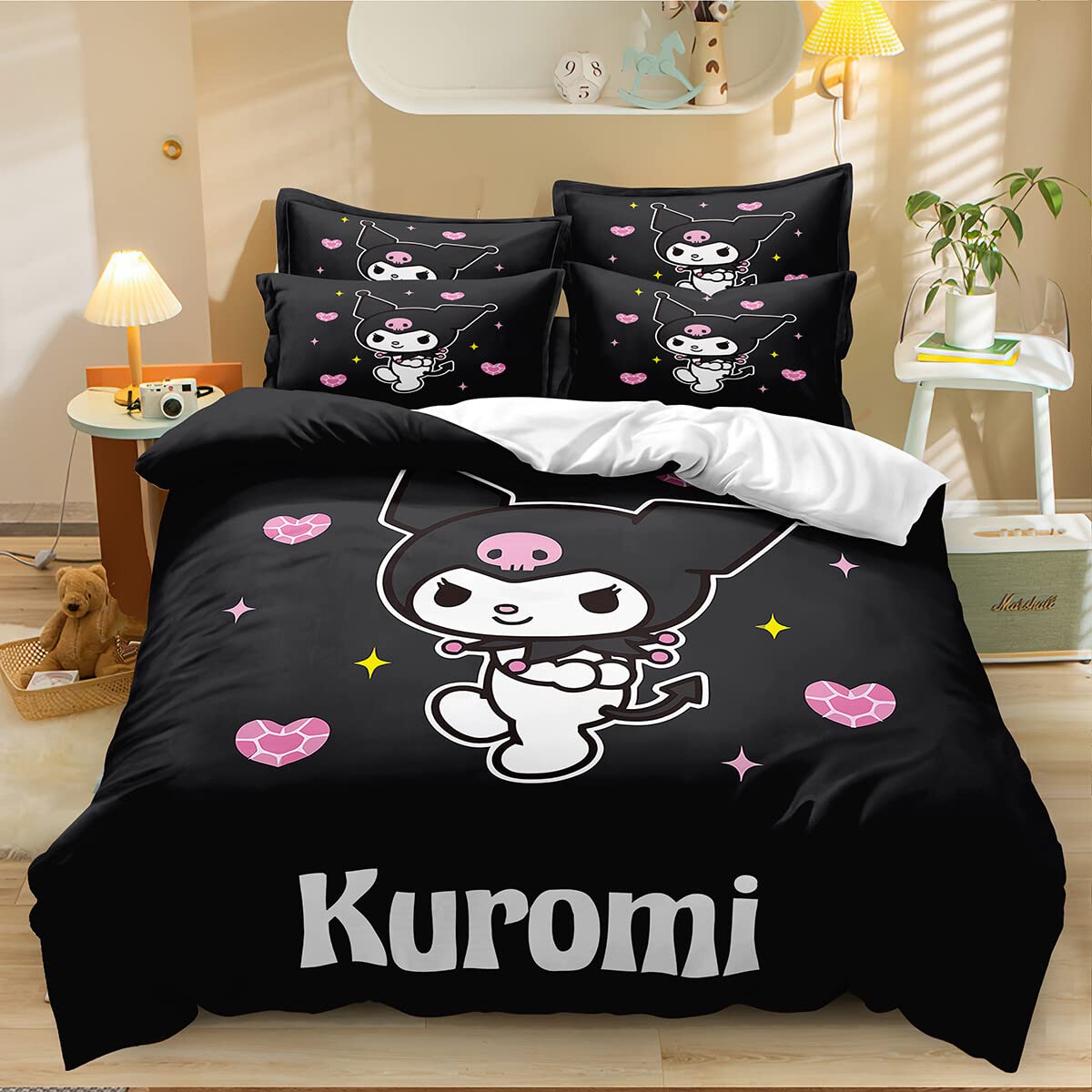 Boys and Girls Lovely Kuromi Bedding Set, 3Piece 3D Cartoon Cute Printed Breathable Durable Microfiber Comforter Set,Gifts for Boys and Girls,1 Duvet Cover with 2 Pillowcases