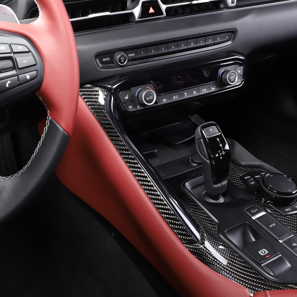 Real Carbon Fiber Gear Shift Left Trim Strip Fit for Toyota Supra GR A90 A91 MK5 2019-2024, Console Gear Shift Decorative Strip Sticker, 1PCS (Black)