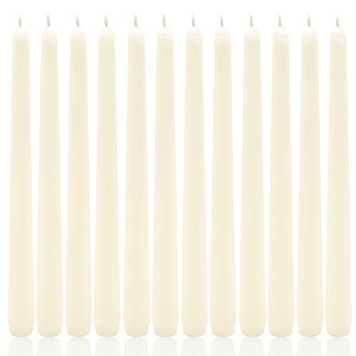 12 Pack Unscented Ivory Taper Candles - 10 Inch Tall Candle Sticks - Dripless Long Burning Candles for Dinner Table, Weddings, Home Decoration, Holidays - 10 Hour Burn Time