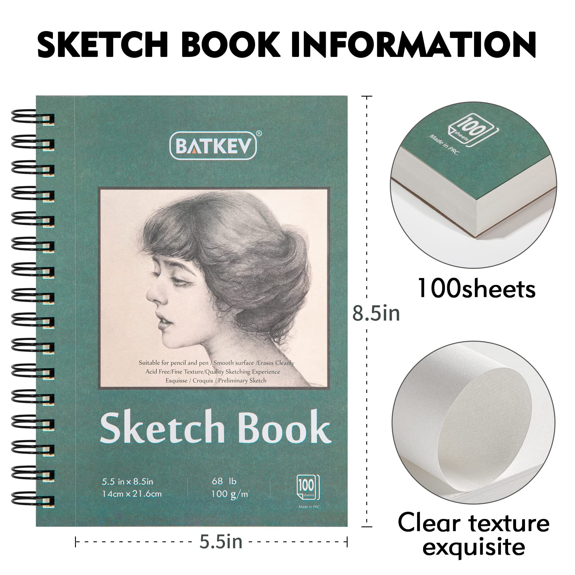 BATKEV 5.5 X 8.5 inches Sketchbook 2 Pack 100 Sheets, Thick Drawing Paper Sketch Drawing Paper Sketch Pad, Art Paper for Drawing and Painting for Kids