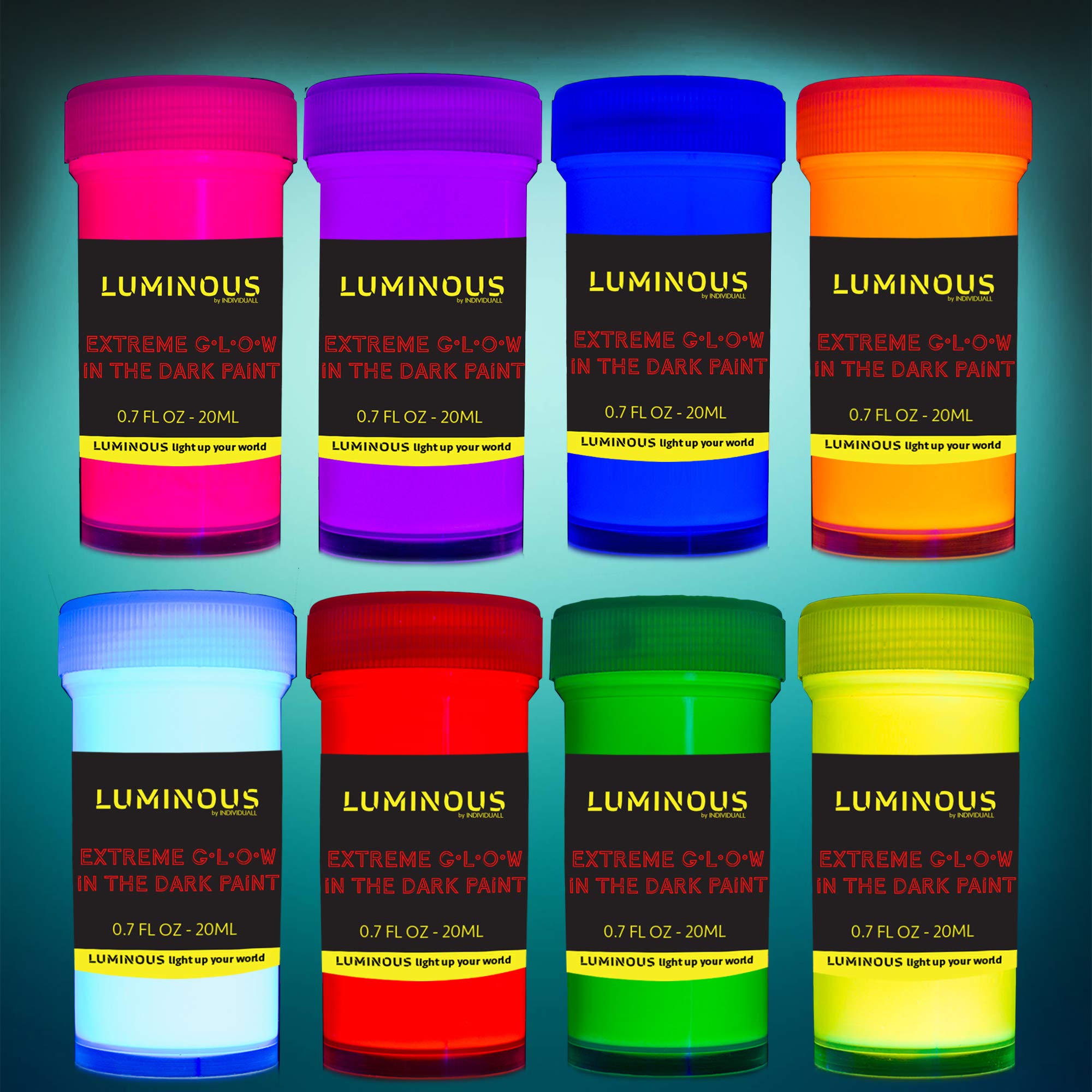 individuall Fabric Paint for Clothes - Set of 8 Neon, 20mL, Black Light Glow in the Dark Paint Colors for Clothes, Textile and Canvas - Gifts for Artists﻿