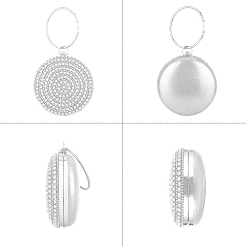 GripIt Round Shape Rhinestone Wristlet Handbag Clutch Purse Evening Wedding Cocktail Party Bag,Silver