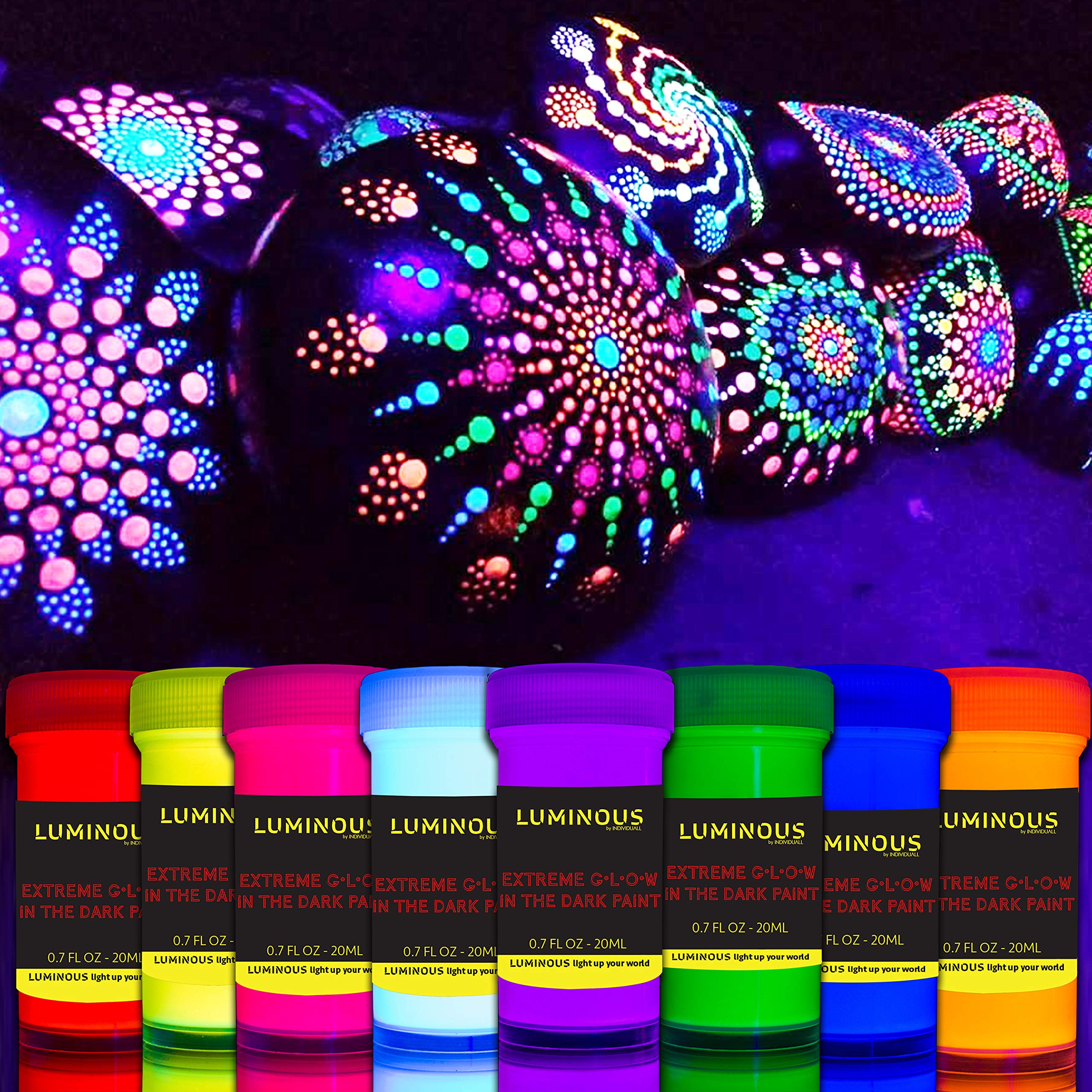 individuall Fabric Paint for Clothes - Set of 8 Neon, 20mL, Black Light Glow in the Dark Paint Colors for Clothes, Textile and Canvas - Gifts for Artists