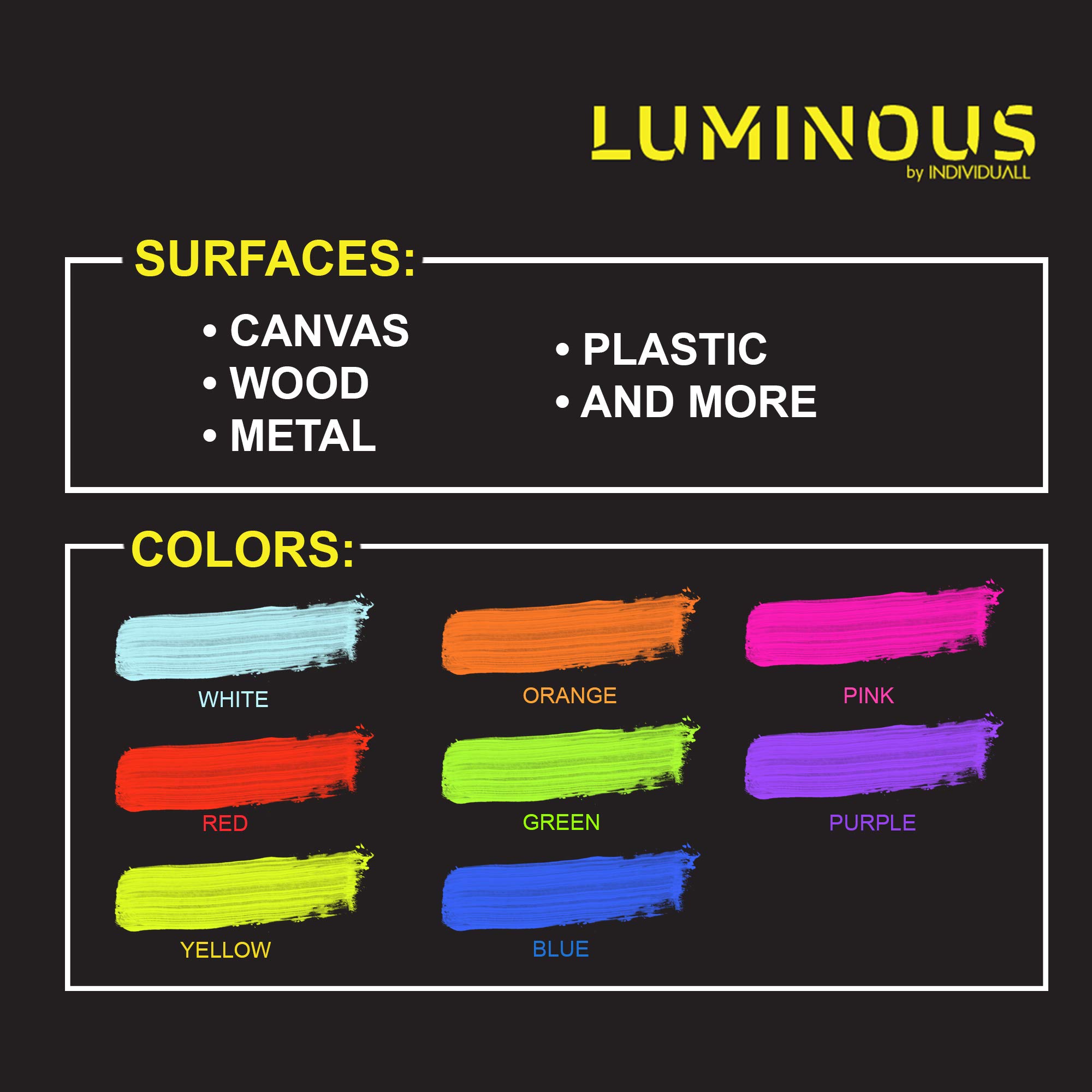 individuall Fabric Paint for Clothes - Set of 8 Neon, 20mL, Black Light Glow in the Dark Paint Colors for Clothes, Textile and Canvas - Gifts for Artists