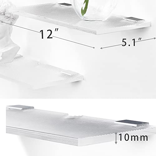 maulehua 12 Inch Clear Acrylic Floating Shelves with Invisible Metal Brackets Floating Wall Mounted Shelf for Bathroom, Living Room and Kitchen Set of 2