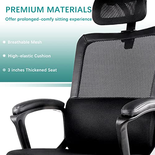 Office Chair, Ergonomic Mesh Desk Chair, High Back Swivel Task Executive Computer Chair Padding Comfy Armrests with Adjustable Headrest Lumbar Support