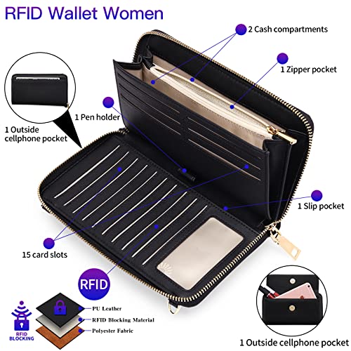 FALAN MULE RFID Womens Wallet Purse Wristlet PU Leather Crossbody Clutch with 2 Straps