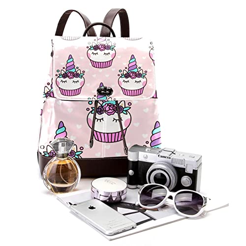 Cute Unicorn Cupcake Pattern Backpack for Women Fashion PU Leather Daypacks Anti-Theft Shoulder Bag Satchel