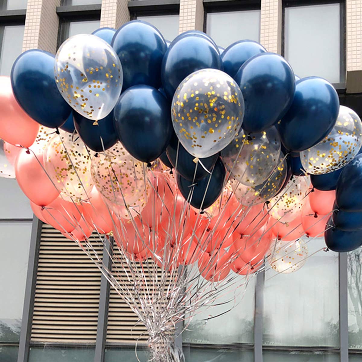 68 Pack Navy Blue Rose Gold Confetti Latex Balloons, 12 inch Birthday Balloons with 65 Feet balloon Ribbon for Birthday Party Wedding Graduation Bridal Shower Decorations