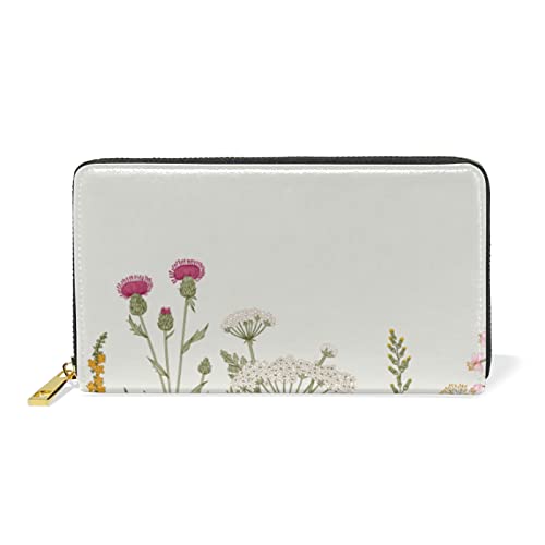 Seamless Floral Herbs and Wildflowers Botanical Pattern Leather Long Wallet Organizer with Zipper Purse Clutch Bag for Women Men Key Card Coin Passport Checkbook