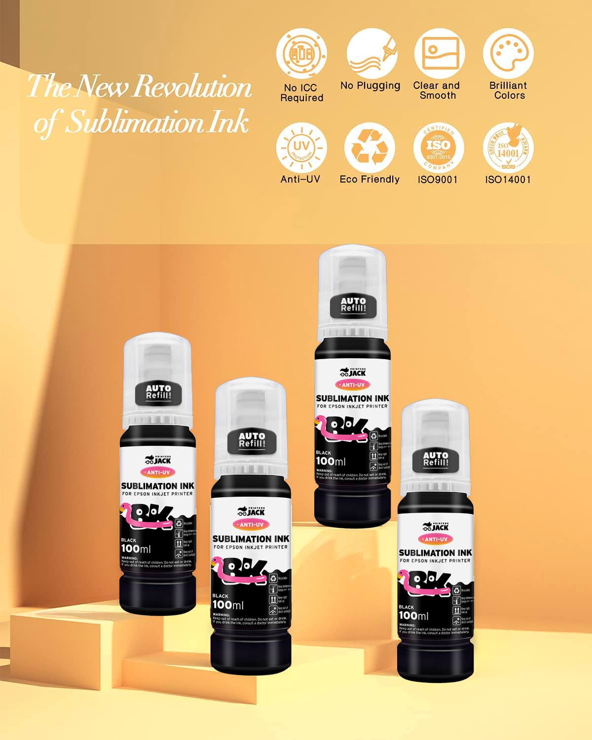 Printers Jack Black Sublimation Ink Refill for Supertank Printer ET-2720 ET-2760 ET-2750 ET-4700 ET-3760 400ml/Anti-UV/Upgrade Version/ICC-Free