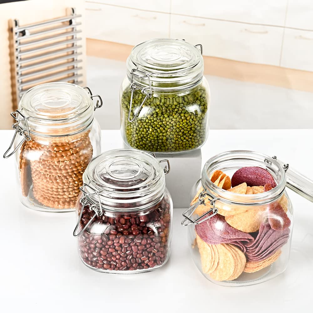 ZALSSKE 34oz Glass Food Storage Jars with Airtight Clamp Lids,Set of 4 Airtight Glass Canister Square- Clear Storage Container for Kitchen Container Storing Sugar, Flour, Cereal,Coffee,Spiceā¦