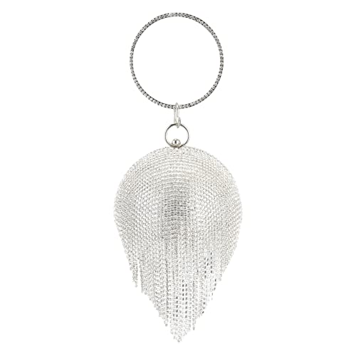 GripIt Women's Evening Round Ball Tassels Bag Diamond Clutch Purse Glitter Party Wedding Handbag with Chain,Silver