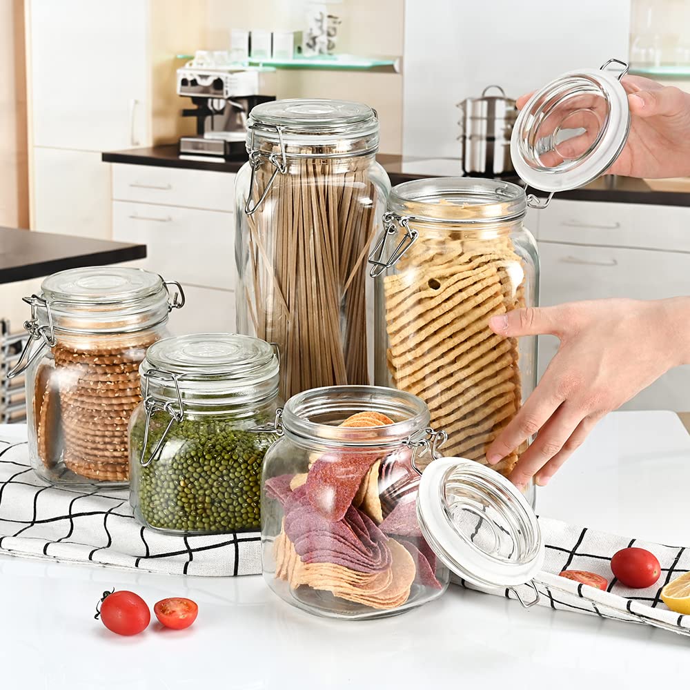 ZALSSKE 34oz Glass Food Storage Jars with Airtight Clamp Lids,Set of 4 Airtight Glass Canister Square- Clear Storage Container for Kitchen Container Storing Sugar, Flour, Cereal,Coffee,Spiceā¦