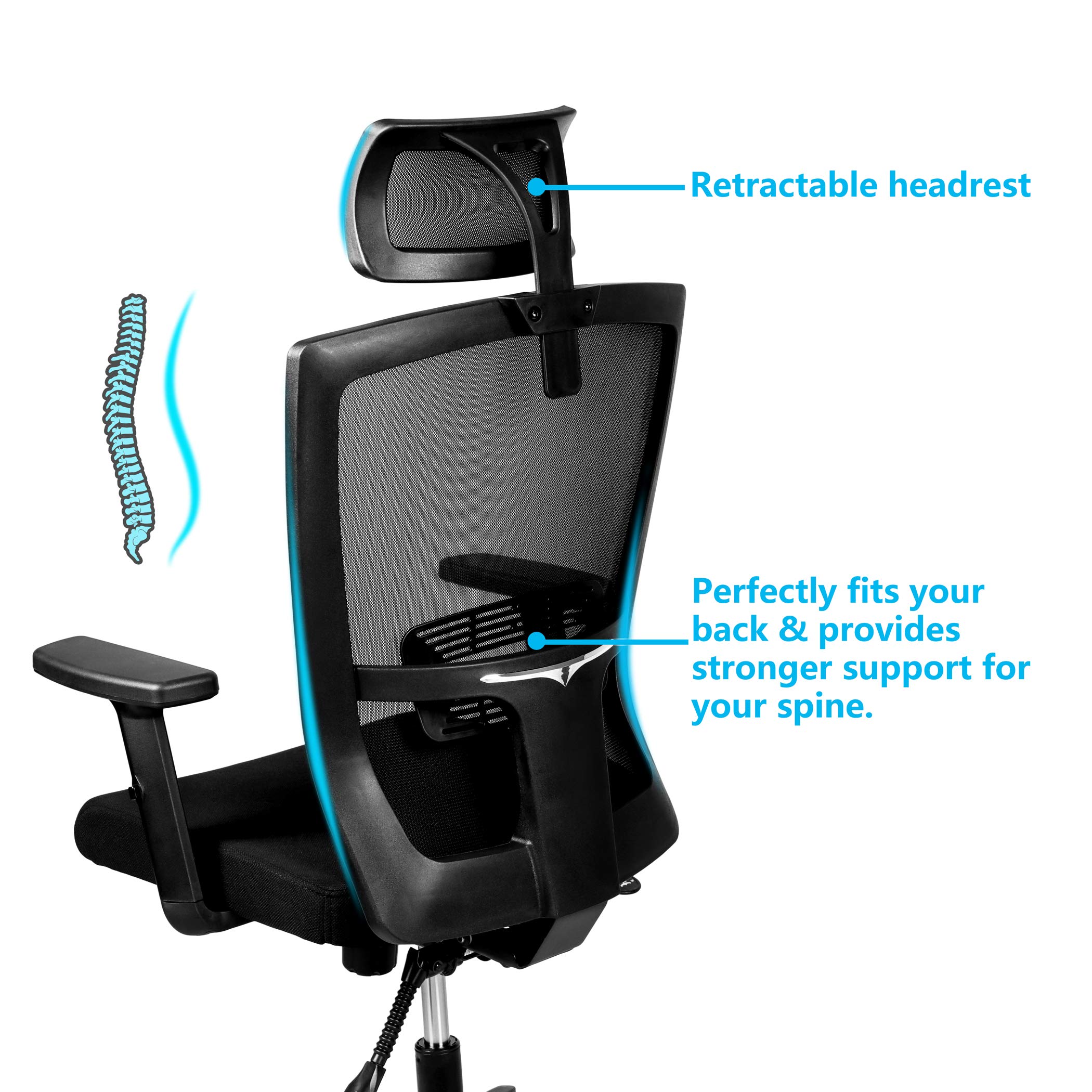 Becko Ergonomic Adjustable Office Chair with Roller Blade Wheels for Home and Office - with Breathable Mesh Backrest, Thick Comfy Cushion, Back Support, Retractable headrest & Armrests (Black)