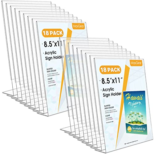 MaxGear Acrylic Sign Holder 8.5 X 11 inches Slant Back Sign Holder Clear Sign Display Holder Plastic Display Stands Table Sign Display Holder for Office, Home, Store, Restaurant - Vertical, 18 Pack