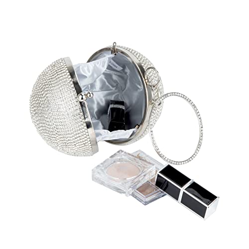 GripIt Women's Evening Round Ball Bag Diamond Clutch Purse Glitter Party Wedding Handbag with Chain,Silver
