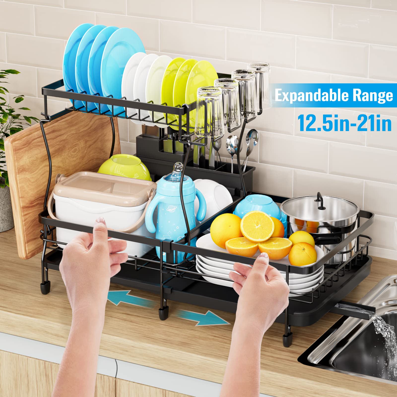 SNSLXH Large Dish Drying Rack Drainboard Set, Expandable 2 Tier Dish Racks for Kitchen Counter, Dish Rack with Drainage, Utensils Holder, Cup Holder-Black