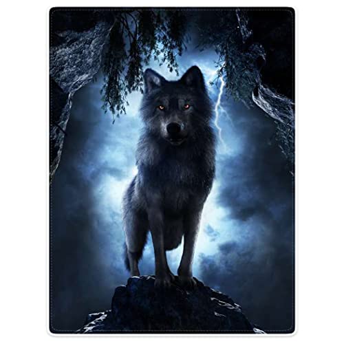 SXCHEN 60"x80" Blankets Plush Sofa Bed Throw Wolf in The Forest Lightning