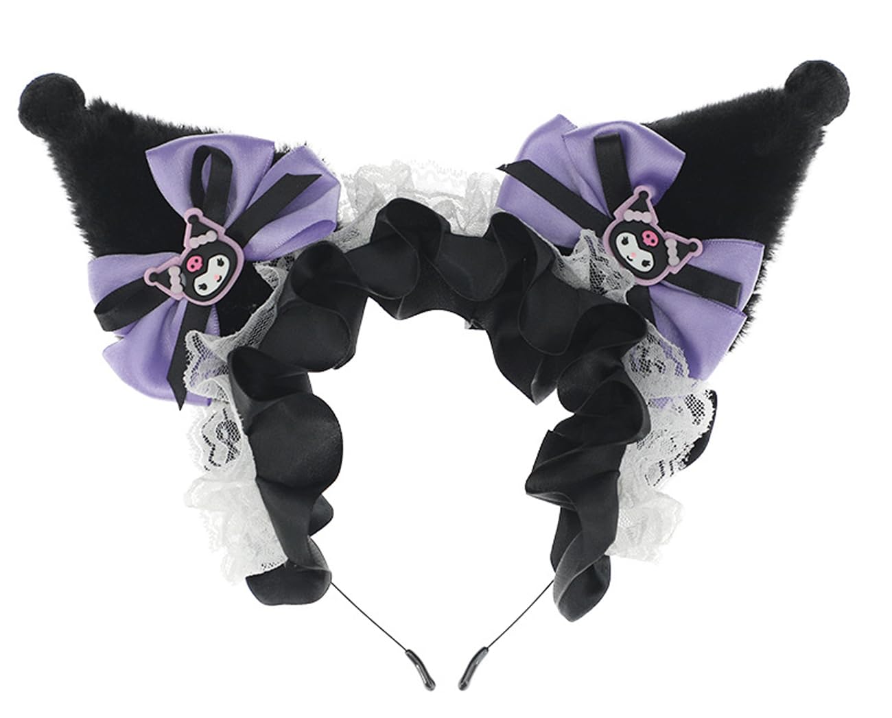 WW-WONDERFULWORLD Cat Ears Headband With Bows & Lace Ribbons, Lolita Headwear for Kuromi Cartoon Costume Cosplay Party for Kids & Women Girls Kids, (Soft Faux Fur Plush Fox Ears), KLM