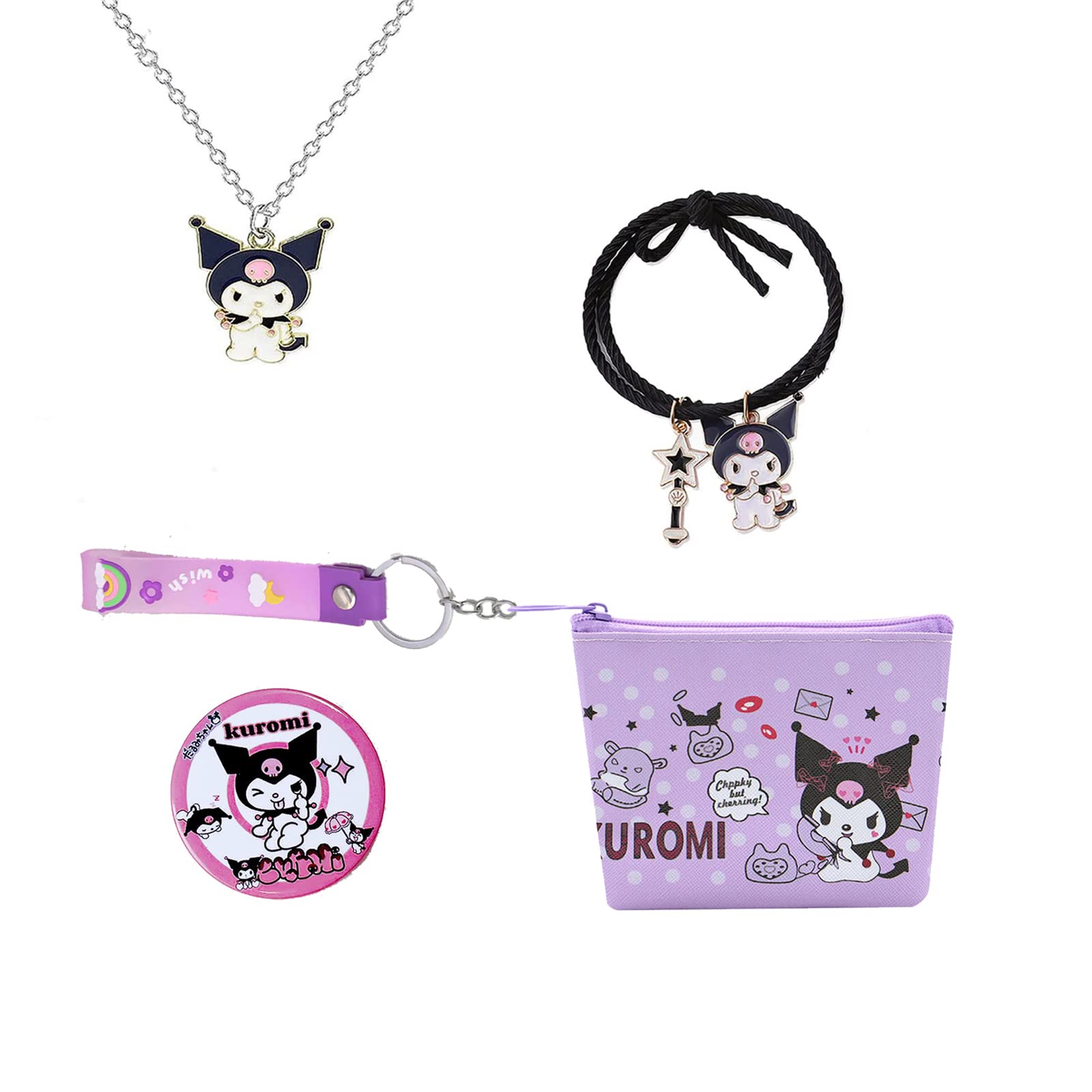 JADOUR Anime Sanriio wallet with cinnamon roll accessories necklace bracelet badge keychain lanyard small wallet for women (kurome)