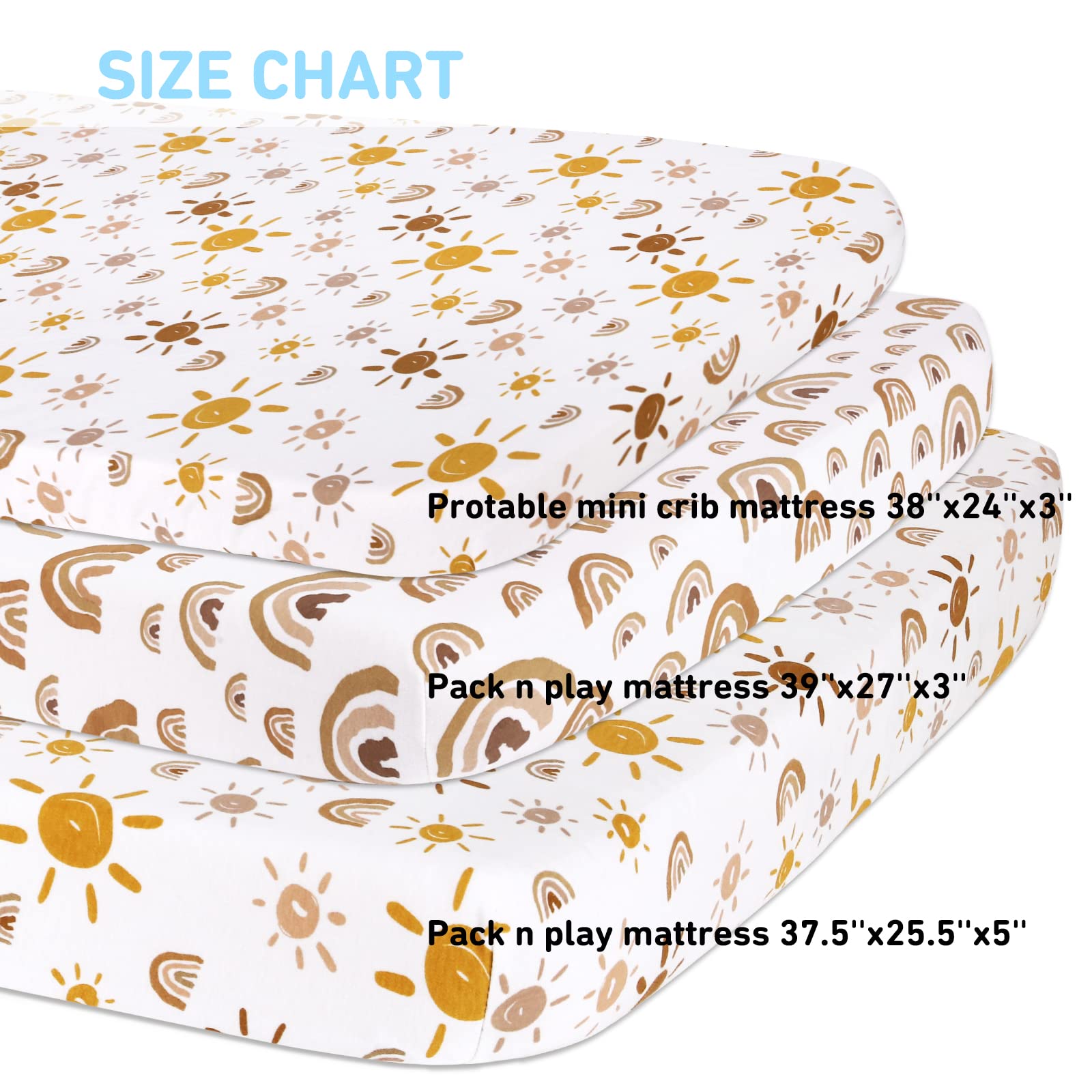 Babebay Pack N Play Sheets Fitted for Pack and Play Mattress and Mini Cribs, Jersey Knit Cotton for Natural Comfort Fitted for Baby Boys and Girls, Soft and Safe, 2 Pack (Rainbow and Sun)