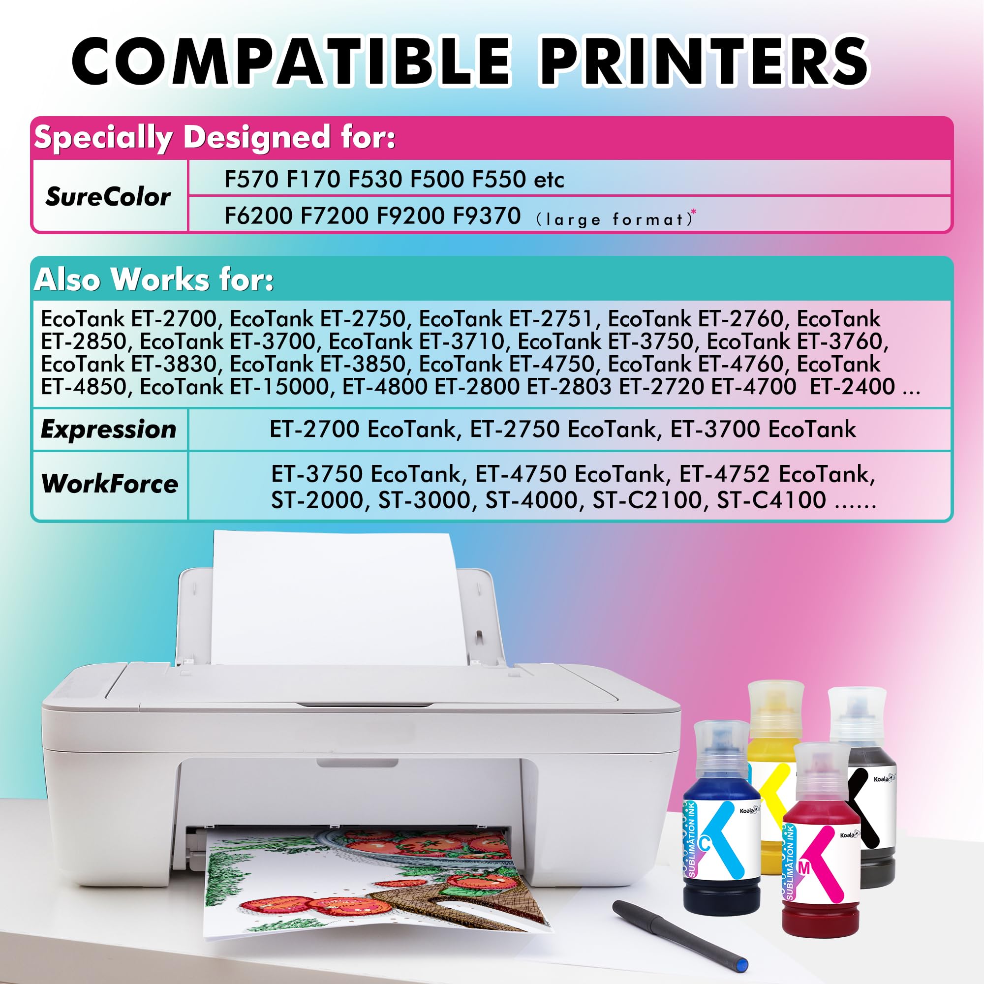 Koala Premium Sublimation Ink for ET Series Inkjet Printers ET-2400 ET-2800 ET-2803 ET-2850 ET-2720 ET-2760 ET-4800 ET-3760 ET-7720 ET-15000 /Upgrade Version/Auto-Fill