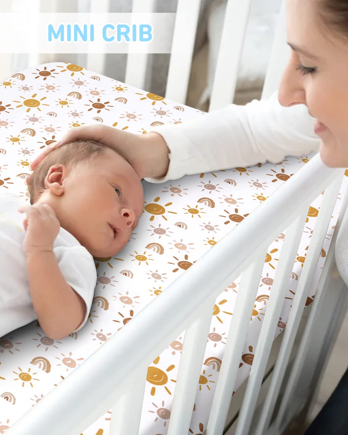 Babebay Pack N Play Sheets Fitted for Pack and Play Mattress and Mini Cribs, Jersey Knit Cotton for Natural Comfort Fitted for Baby Boys and Girls, Soft and Safe, 2 Pack (Rainbow and Sun)