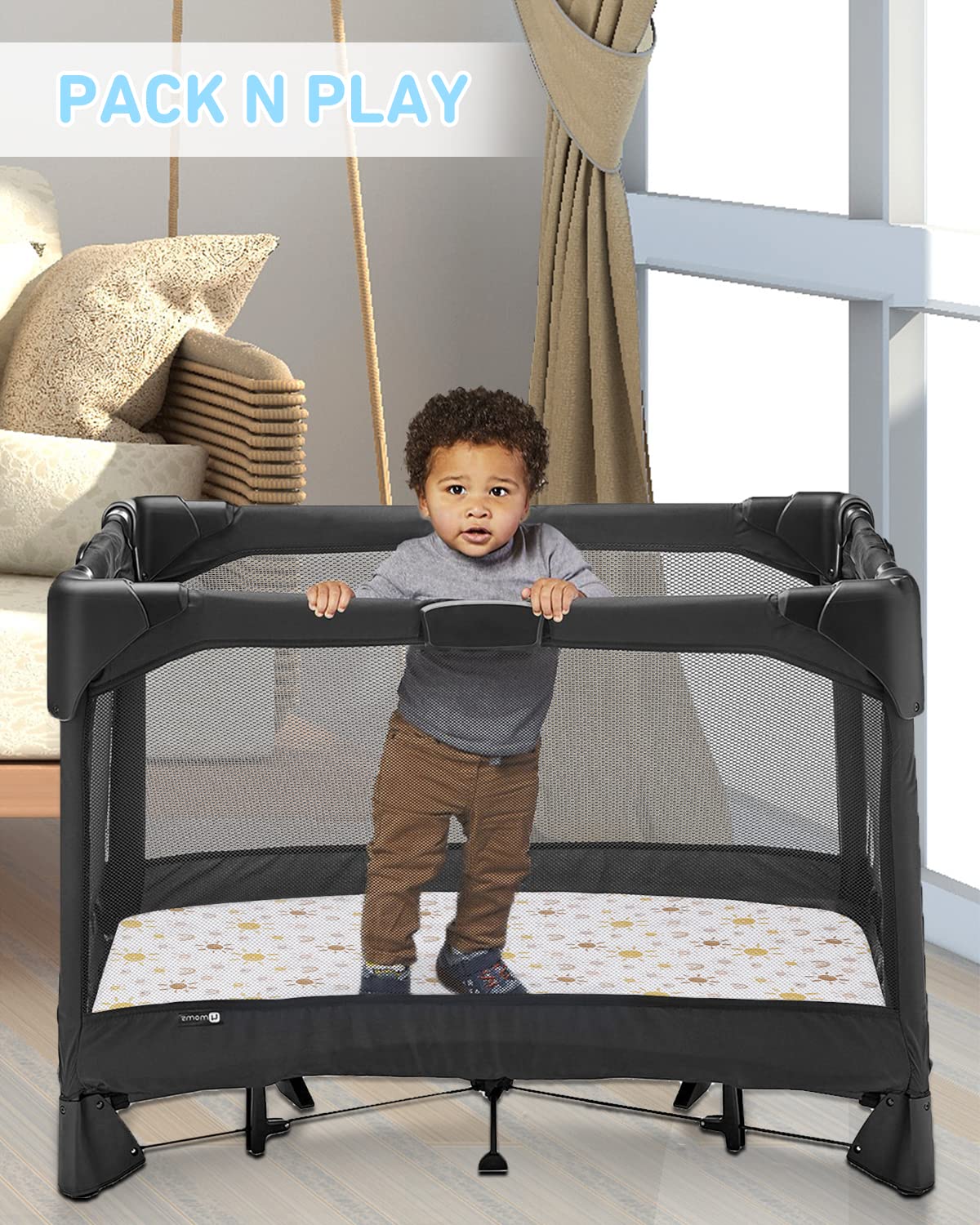 Babebay Pack N Play Sheets Fitted for Pack and Play Mattress and Mini Cribs, Jersey Knit Cotton for Natural Comfort Fitted for Baby Boys and Girls, Soft and Safe, 2 Pack (Rainbow and Sun)