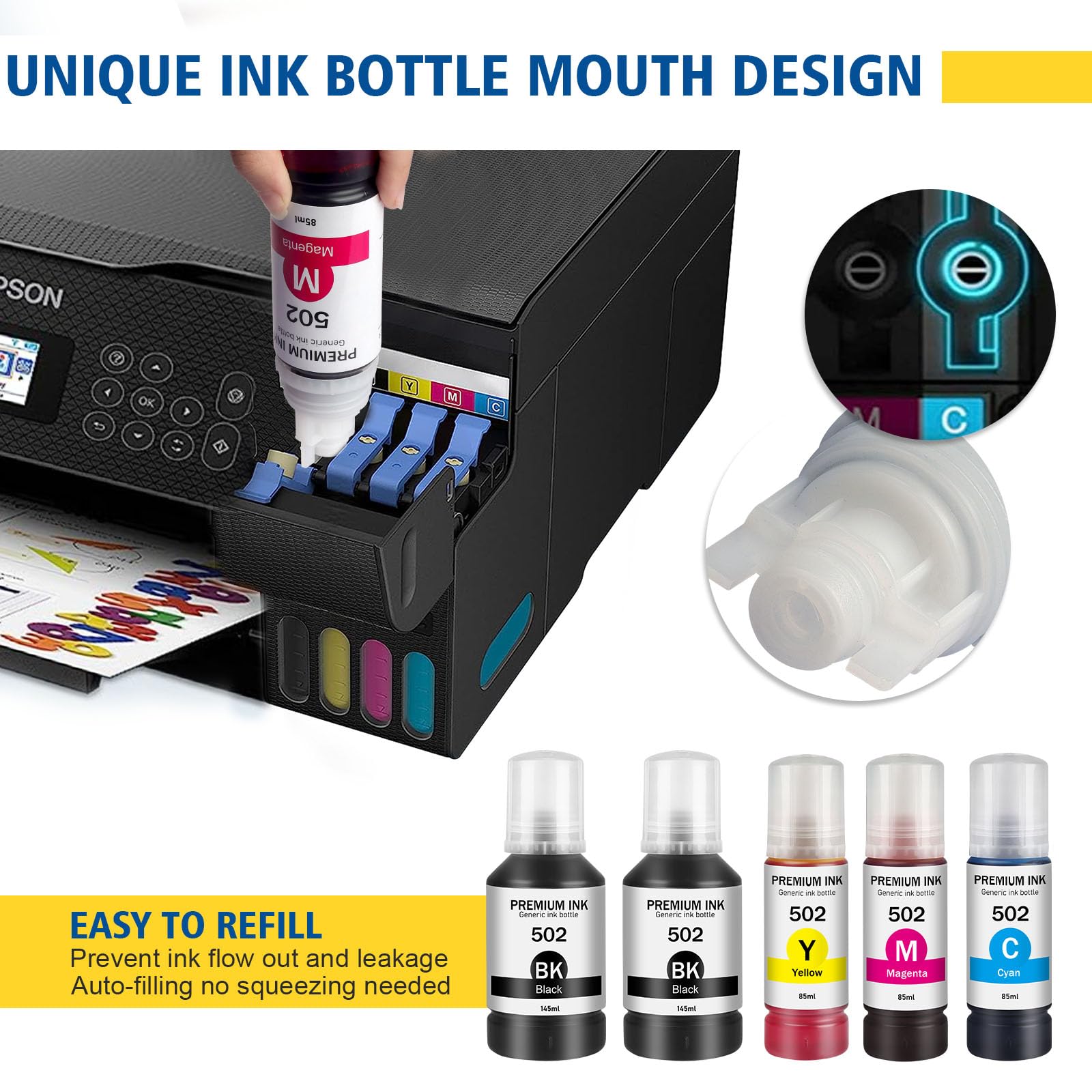 NMCHXBM Compatible Ink Cartridge Bottle (Non-Sublimation) Replacement for Epson 502 (Photo Black, Black, Magenta, Yellow and Cyan, 5-Pack)