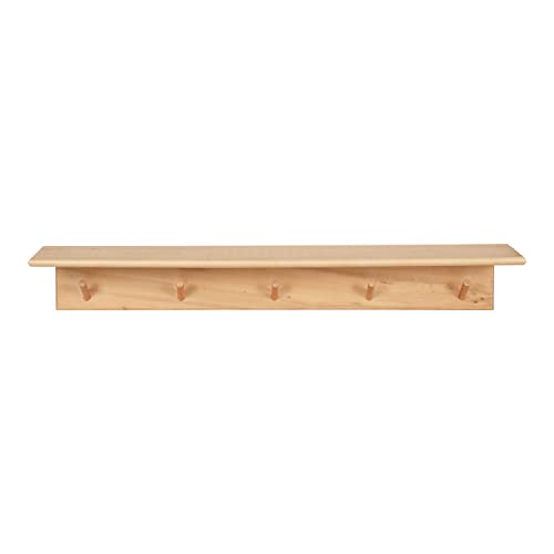 Kate and Laurel Alta Modern Floating Wood Wall Shelf with Coat Hooks, 36 x 5 x 5, Natural Wood, Decorative Wooden Shelf with 5 Hanging Posts for Storage