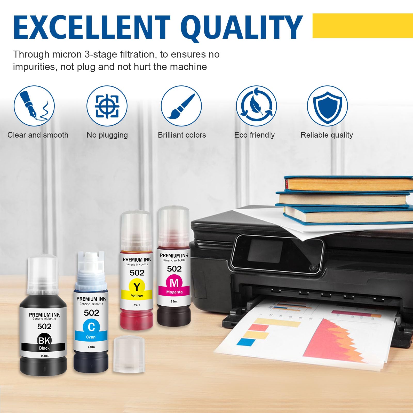 NMCHXBM Compatible Ink Cartridge Bottle (Non-Sublimation) Replacement for Epson 502 (Photo Black, Black, Magenta, Yellow and Cyan, 5-Pack)