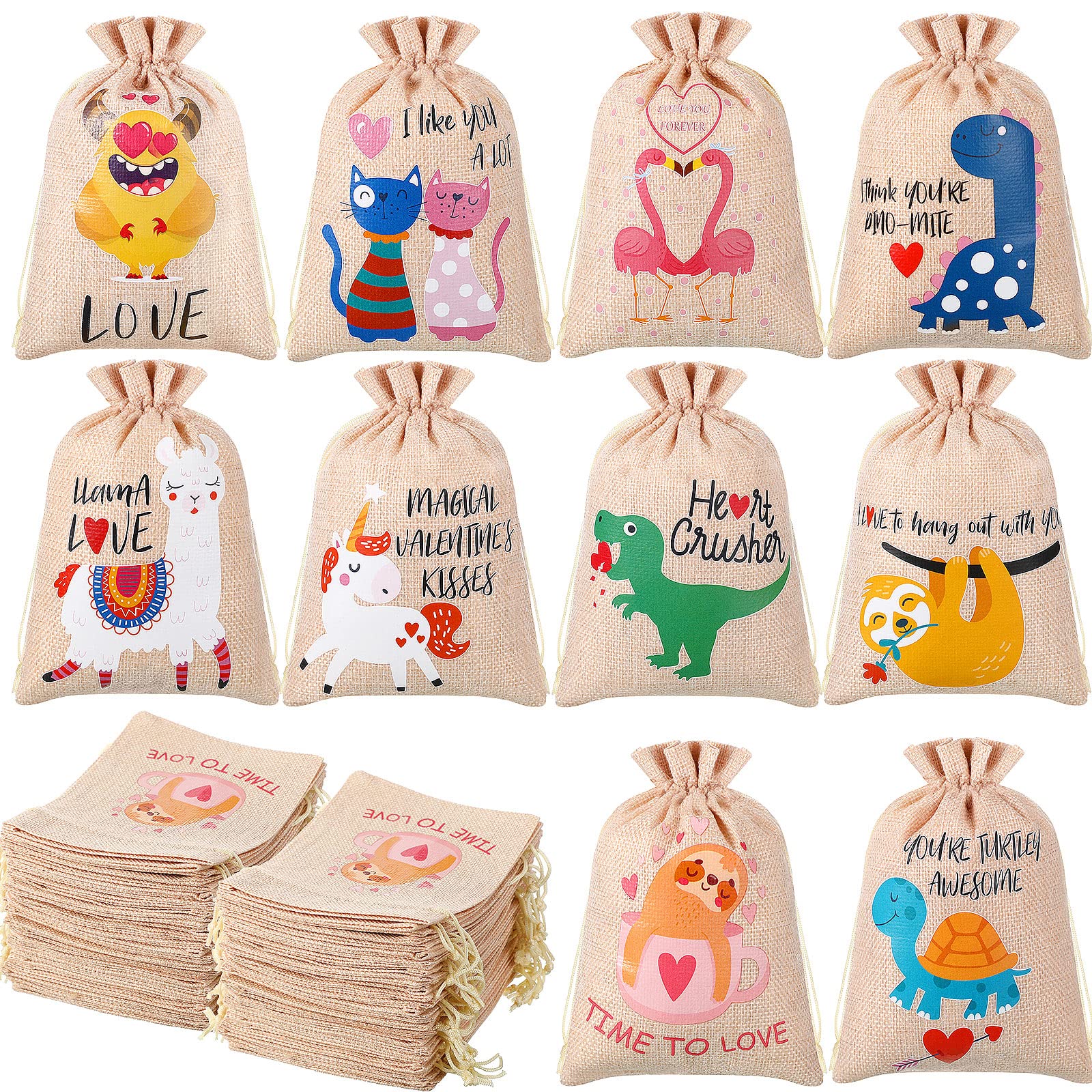 Zhengmy 100 Pcs Valentine Drawstrings Burlap Bags for Kids Valentine's Day Burlap Bags Valentines Goodie Bags Valentines Gifts Canvas Heart Bags Candy Pouches for Wedding Shower DIY Craft, 5 x 7 Inch