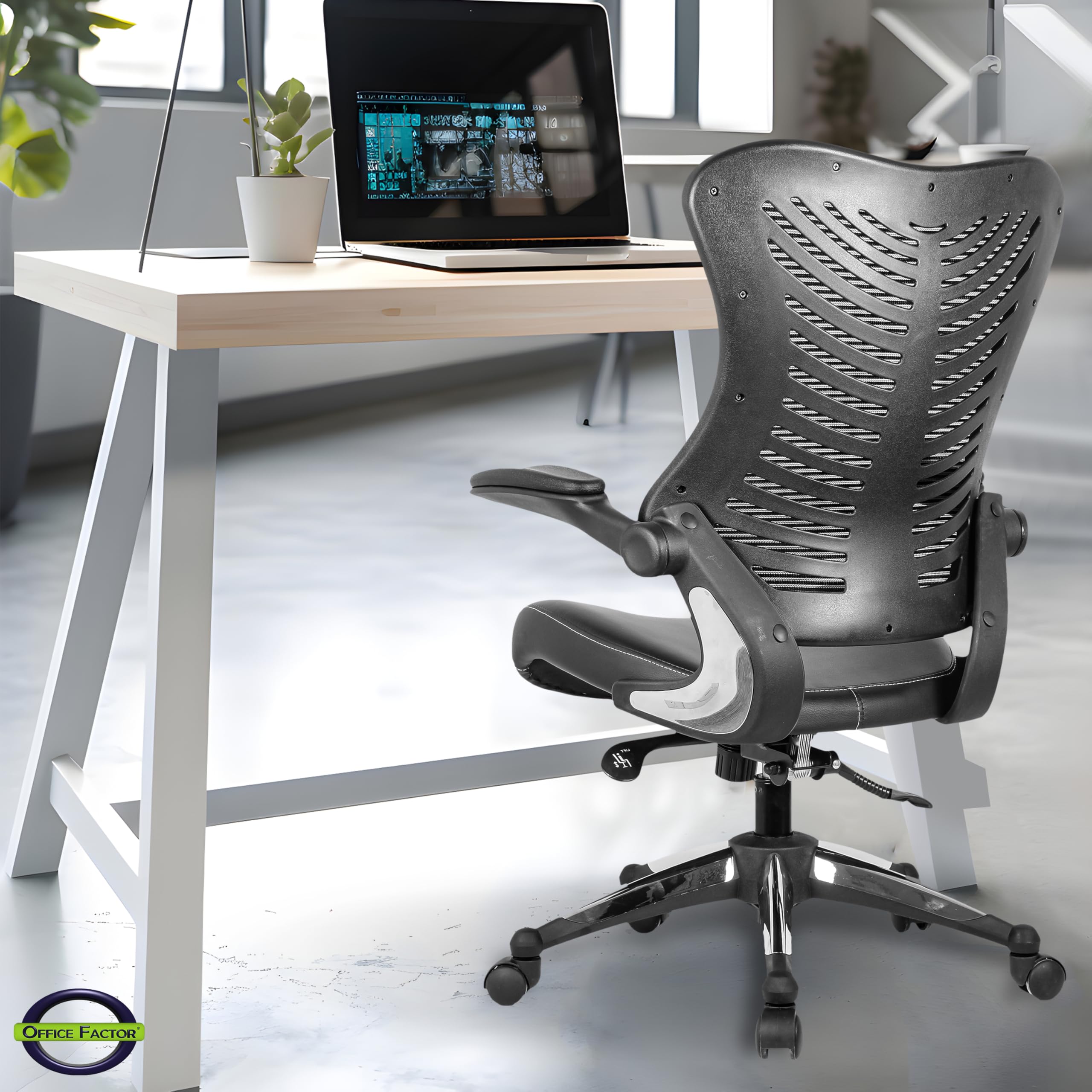 OFFICE FACTOR Executive Ergonomic Office Chair Back Mesh Bonded Leather Seat Flip-up Arms Molded Seat with a 55kg Foam Density Double Handle Mechanism You Can Lock The Back in Any Position (Black)
