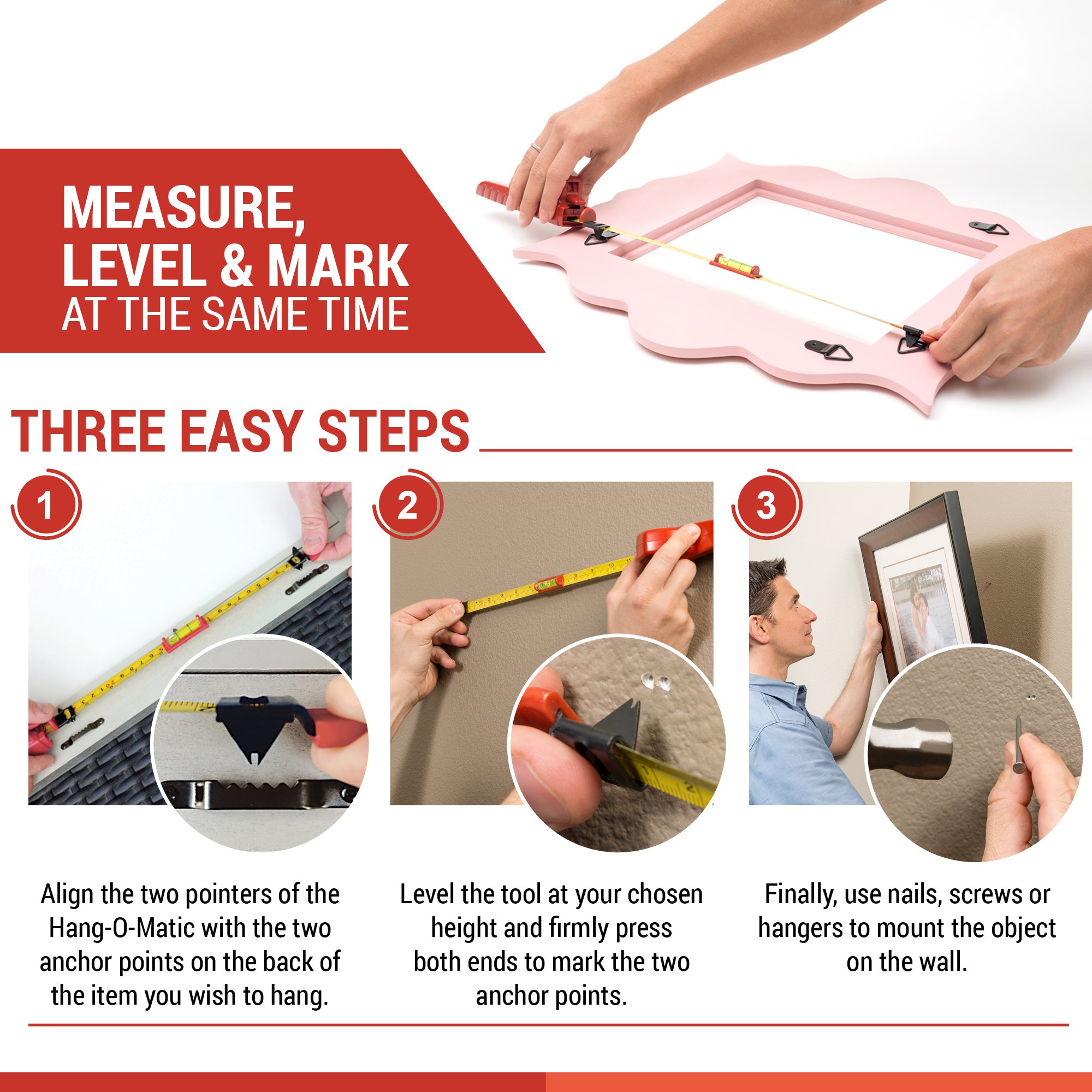 Hang-O-Matic All-in-One Picture Hanging Tool, Picture Hanger, Picture Frame Level Ruler, Perfect to Hang Pictures, Mirrors, TVs, and Shelves