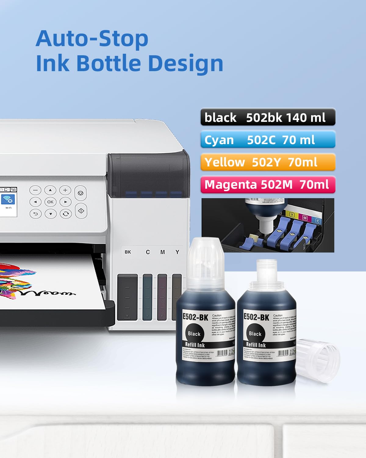 OIunendlich Compatible Epson 502 T502 Refill Ink Bottles Replacement for Epson Ecotank ET-2750 ET-3750 ET-4750 ET-2760 ET-3760 ET-4760 ET-2700 ET-3700 ET-3710 ET-15000 ST-2000 ST-3000 ST-4000 Printer