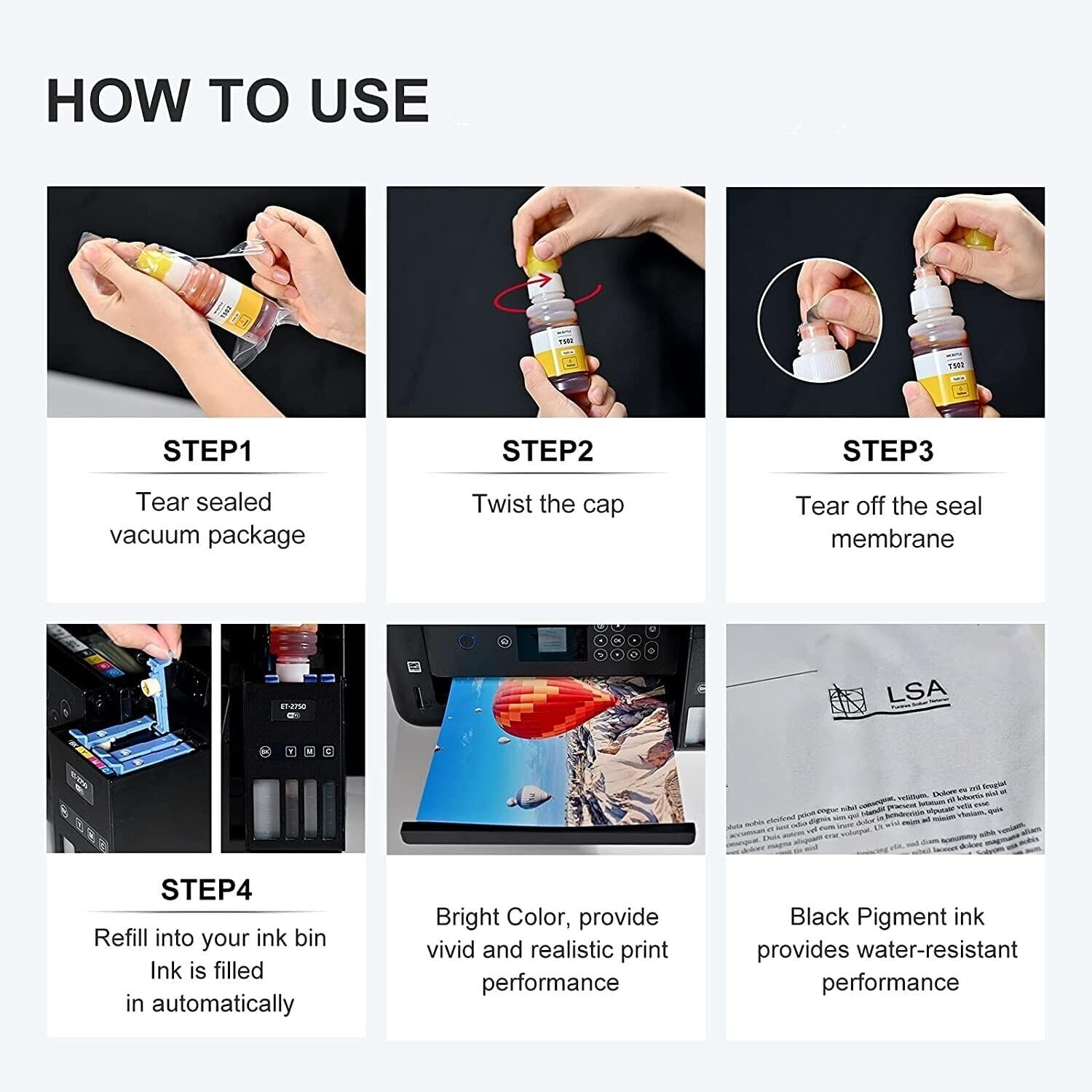 OIunendlich Compatible Epson 502 T502 Refill Ink Bottles Replacement for Epson Ecotank ET-2750 ET-3750 ET-4750 ET-2760 ET-3760 ET-4760 ET-2700 ET-3700 ET-3710 ET-15000 ST-2000 ST-3000 ST-4000 Printer