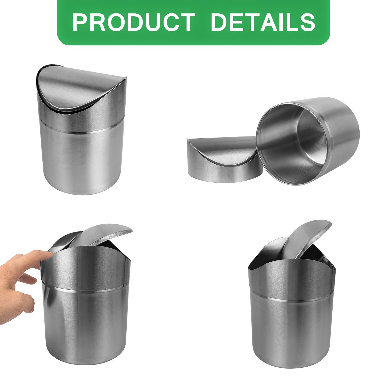 AMAZECO Mini Countertop Brushed Can Stainless Steel Swing Lid Trash Can Set, Come with Trash Bag, 1.5 L / 0.40 Gal Silver Color